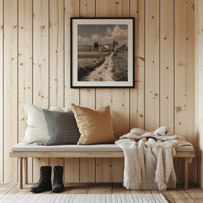 Country Lane Leading to Rustic Cottages - Vintage Country Scene, Cozy ...