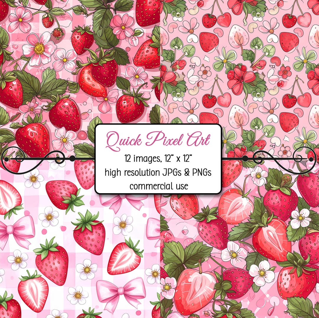Coquette Strawberry Digital Paper | 12x12 Seamless Watercolor Patterns ...