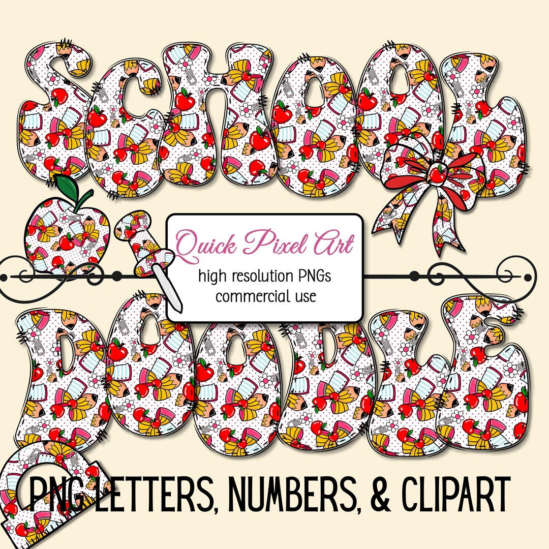 School Doodle Alphabet PNG Set | Apple & Pencil Bow Letters A–Z A–z 0–9 ...