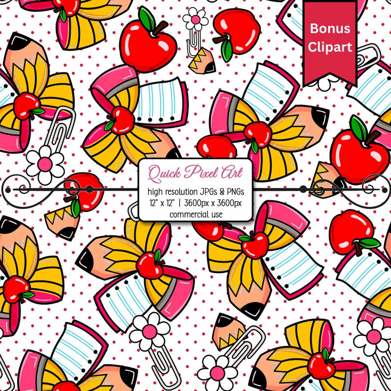 School Themed Seamless Pattern PNG | Pencil Bow, Apple, Daisy | Cute ...