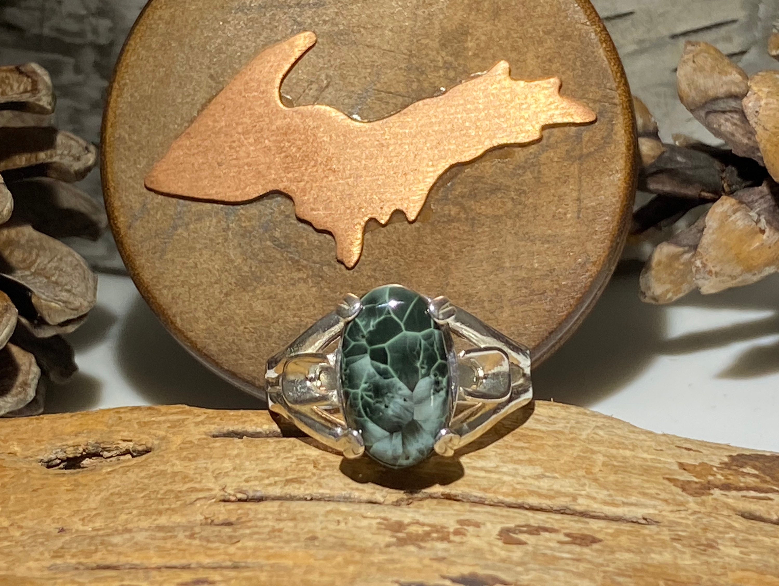 Large Michigan Greenstone Ring chlorastrolite Sterling - Etsy UK
