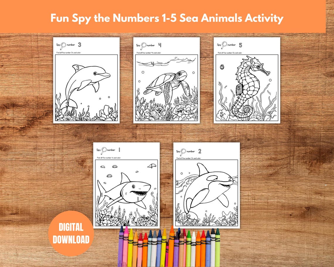 Sea Animal Number Find & Color Worksheets 1-5: Kids Activity (printable ...