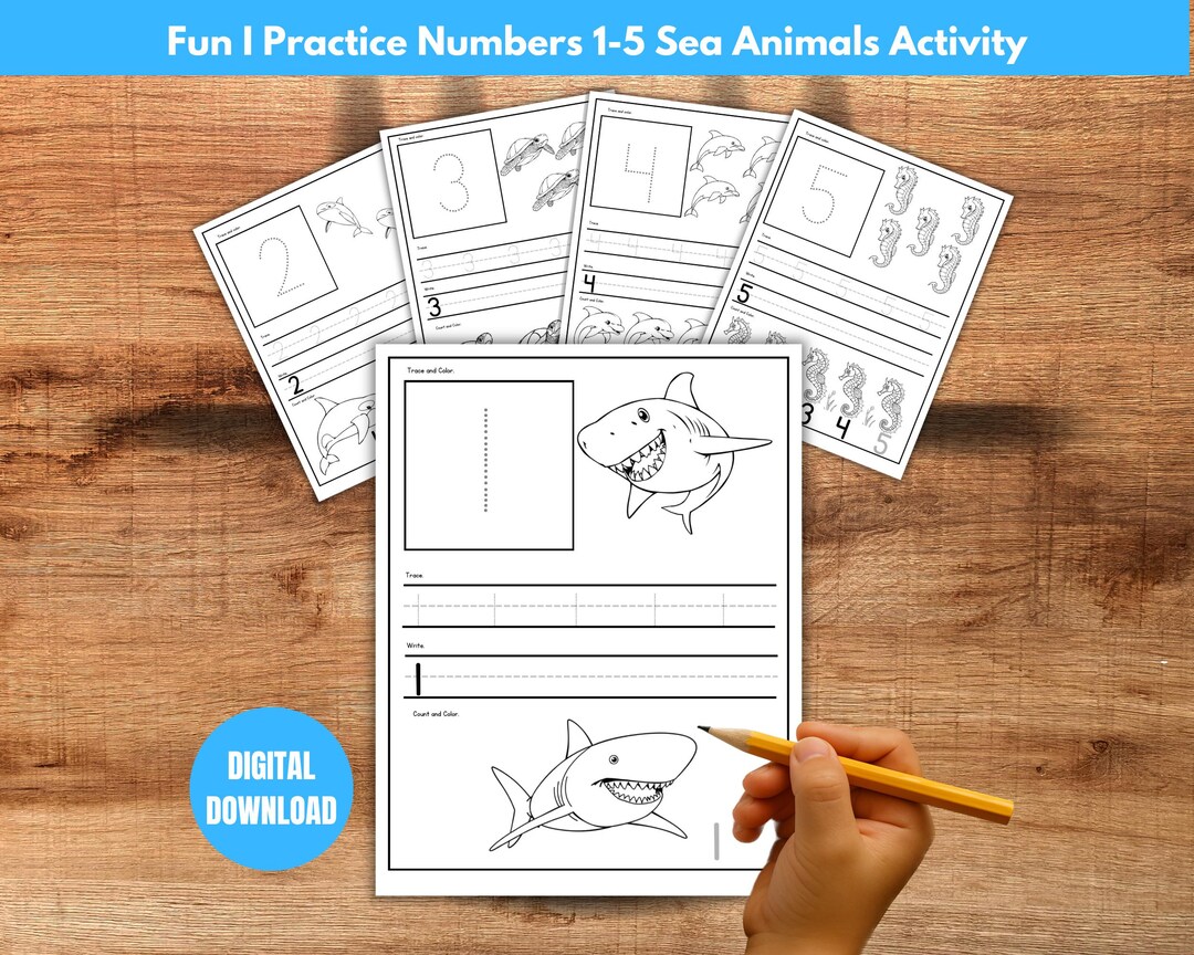 Sea Animals Number Tracing Worksheets 1-5: Kids Learning Activity ...