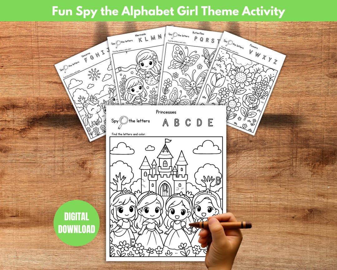Alphabet Spy Activity Worksheets: Girl Theme Coloring Pages (printable ...