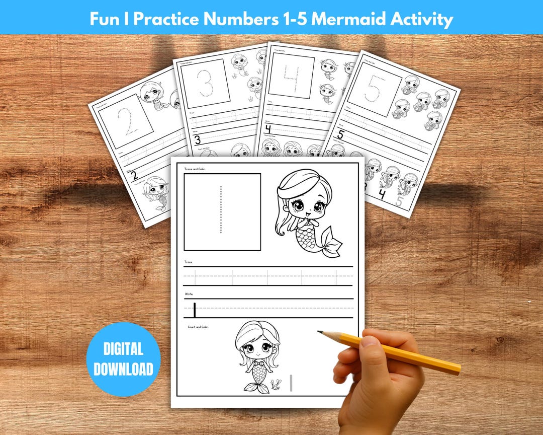 Mermaid Numbers 1-5 Writing Practice Worksheets (digital Download) - Etsy
