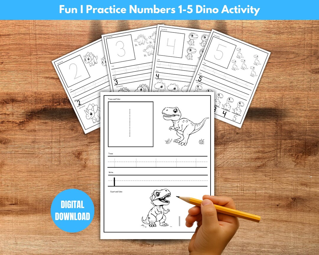 Dinosaur Numbers 1-5 Writing Practice Worksheets (digital Download) - Etsy