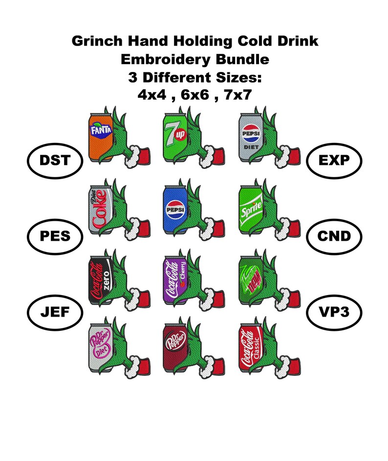 Grinch Drink Embroidery File: Pepsi & Mountain Dew (4x4, 6x6, 7x7 ...