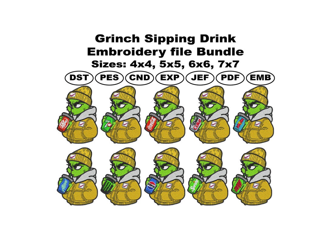 Grinch Sipping Drink Embroidery File / Grinch Holding Drink Embroidery ...