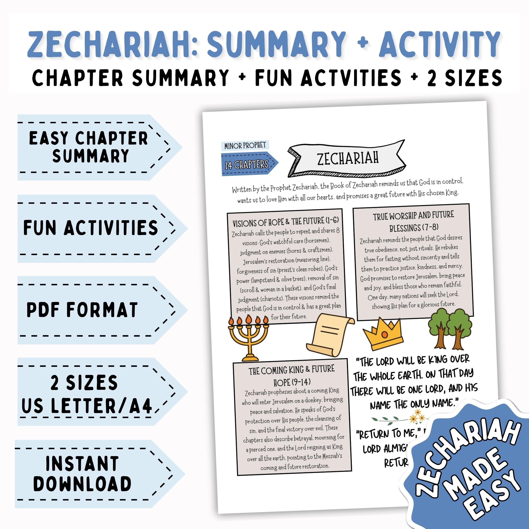 Zechariah Bible Activity Kids, Bible Worksheet Kids, Zechariah Story ...