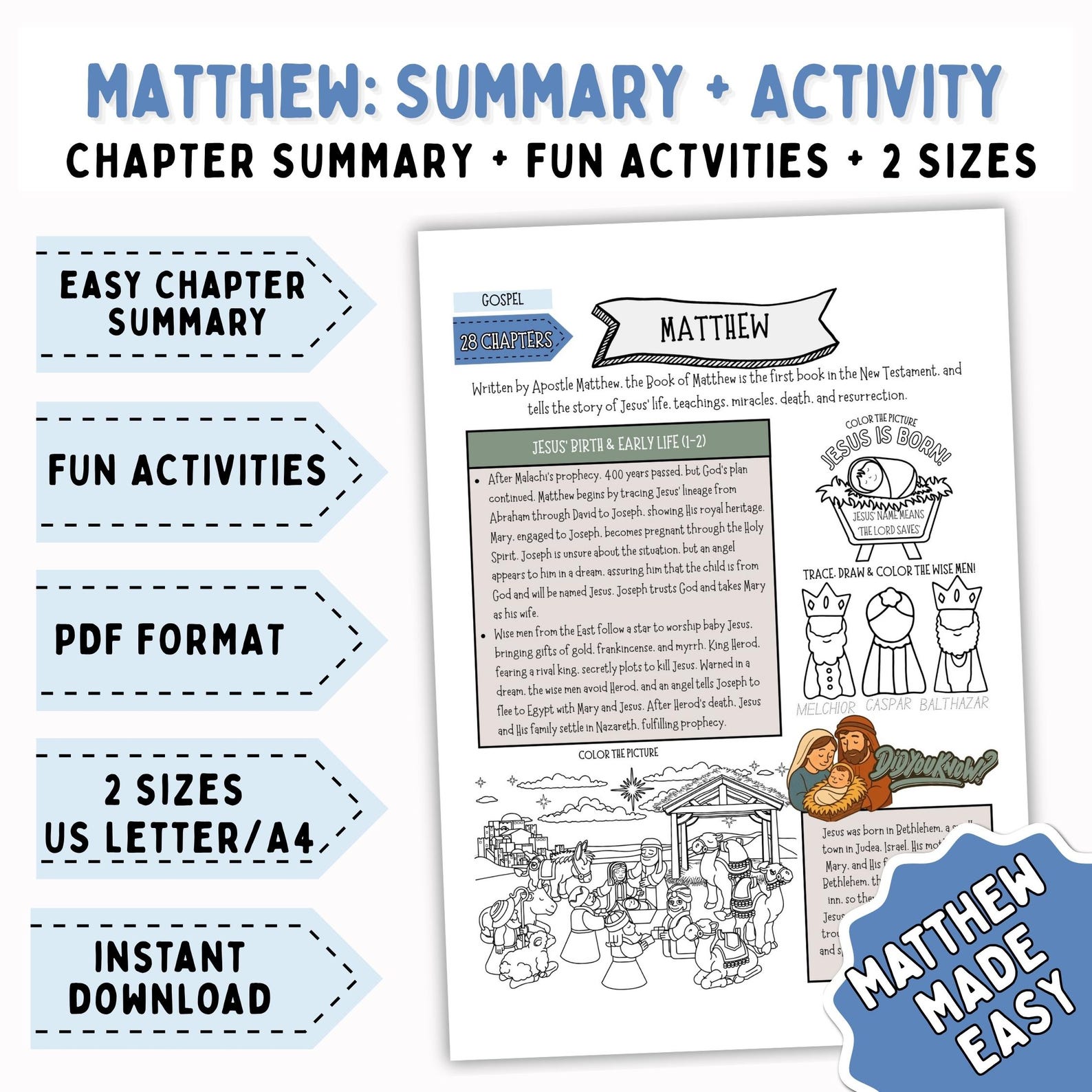 Matthew Bible Activity Kids, Bible Worksheet, Coloring Page, Bible ...
