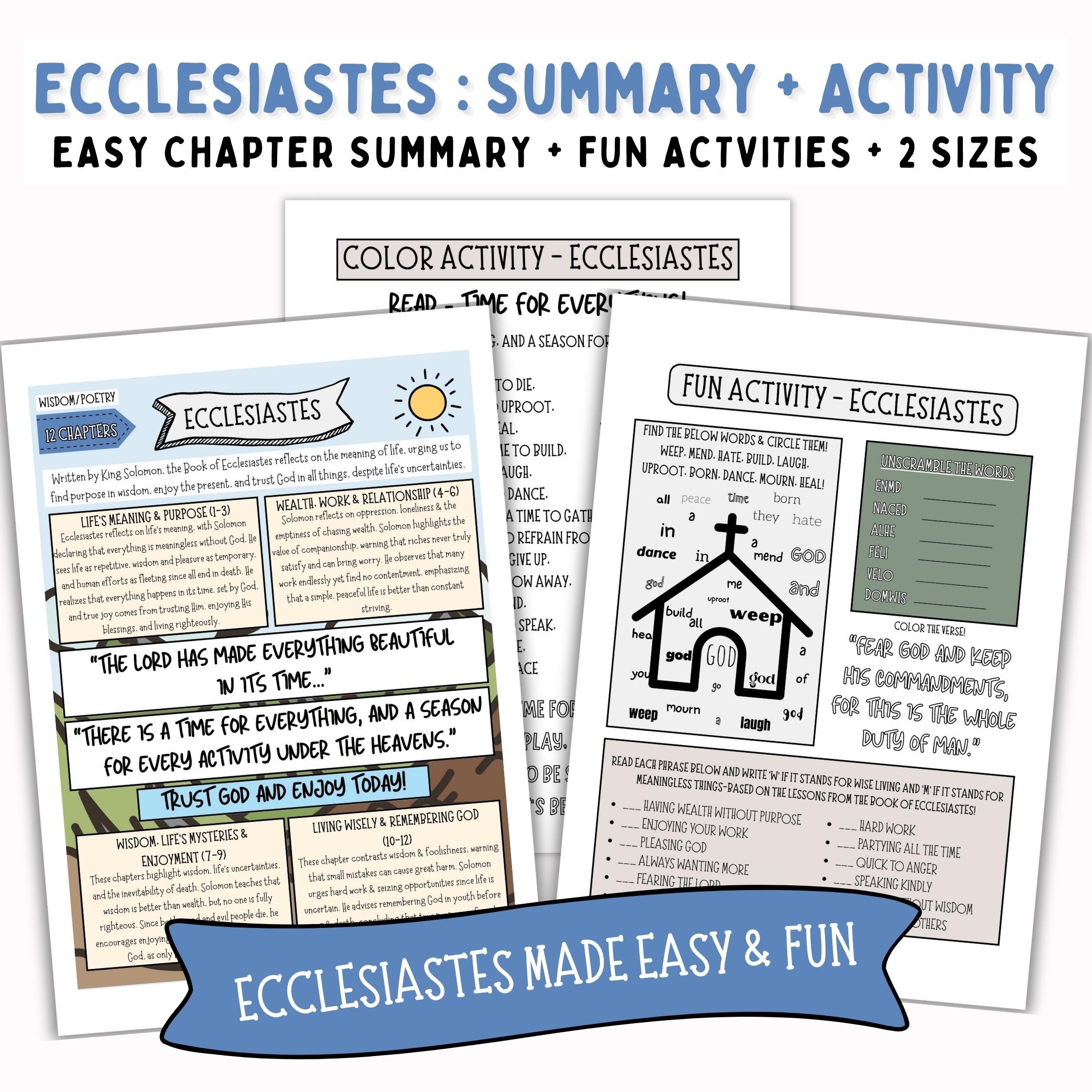 Ecclesiastes Bible Activity Kids, Bible Worksheet, Coloring Page, Bible ...