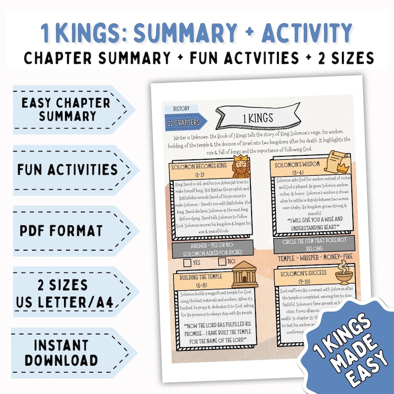 1 Kings Bible Activity for Kids, Bible Worksheet, Coloring Page, Bible ...