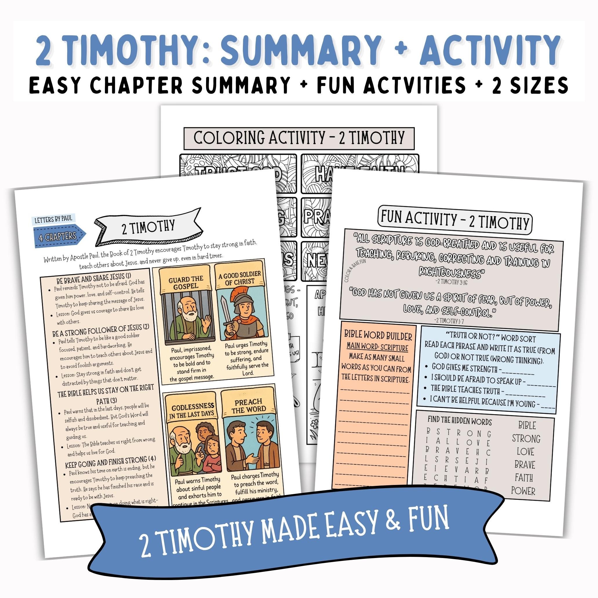 2 Timothy Bible Study PRINTABLE, Kids Activity Summary, New Testament ...
