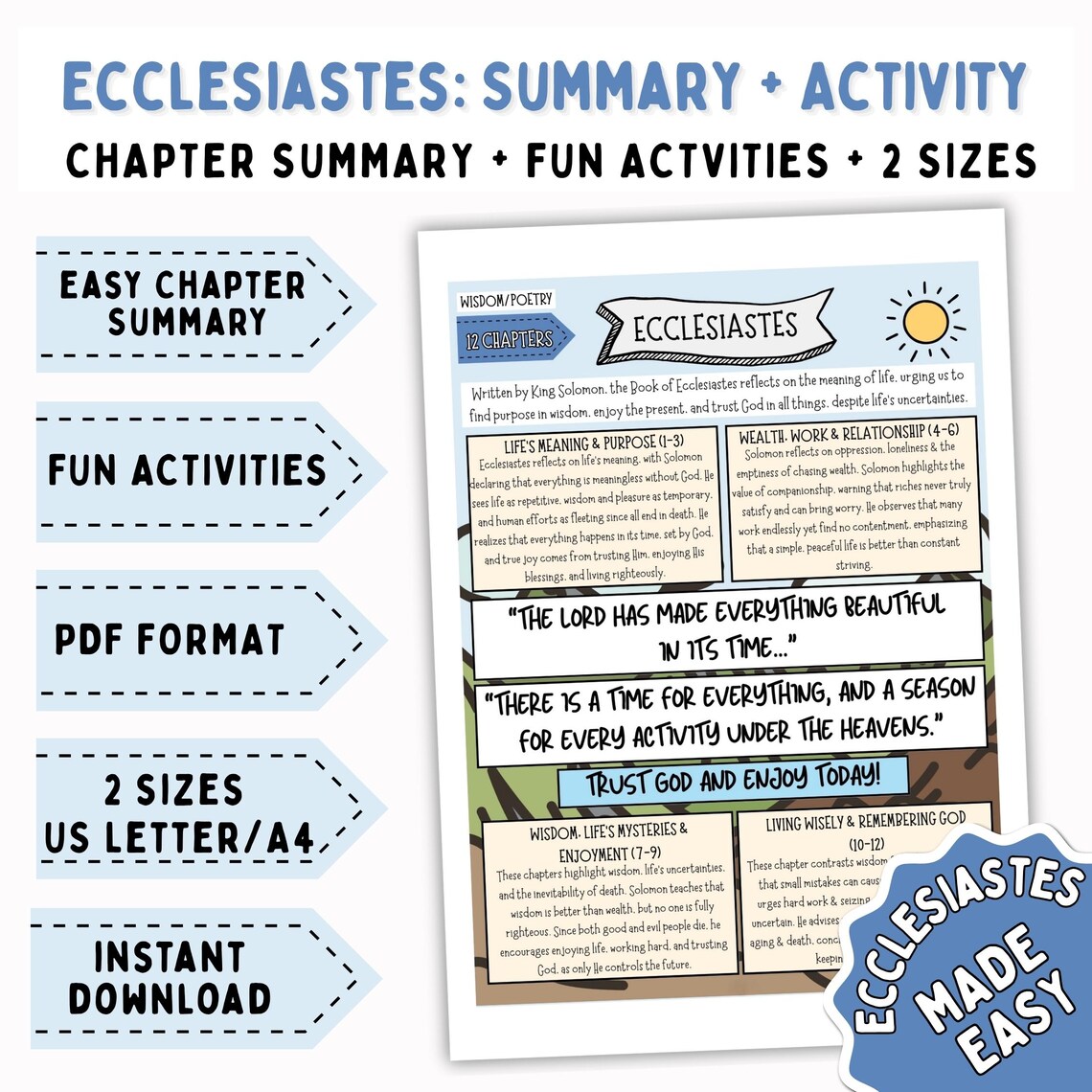 Ecclesiastes Bible Activity Kids, Bible Worksheet, Coloring Page, Bible ...