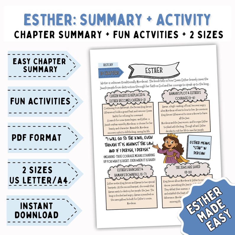 Esther Bible Activity Kids, Bible Worksheet, Coloring Page, Bible ...
