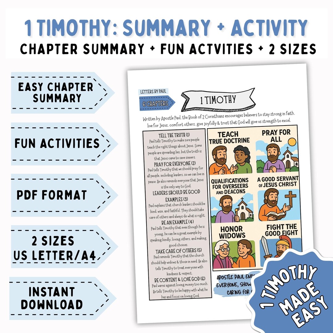 1 Timothy Bible Study PRINTABLE, Kids Activity Summary, New Testament ...