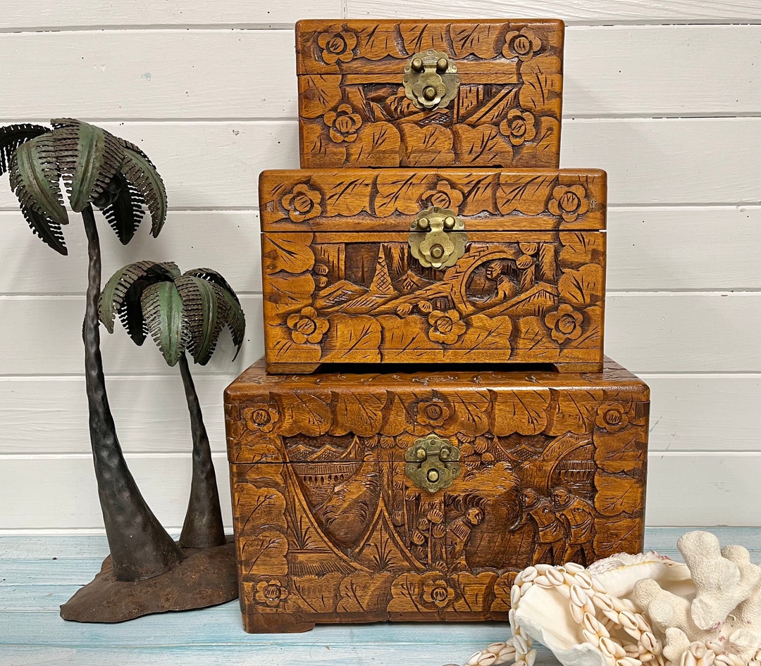 Chinese Carved Camphor Wood Boxes, Vintage Set of 3, Fragrant Stack of ...