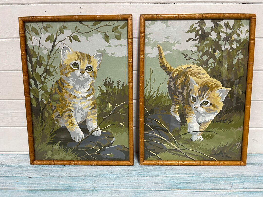 Vintage Paint by Number Kitten Paintings, Set of Two Tabby Cat Paint by ...