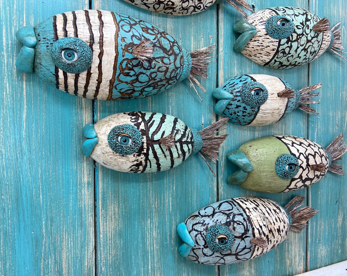 Carved Wood Fish Art Wooden Net Float Fish Sculpture Painted | Etsy