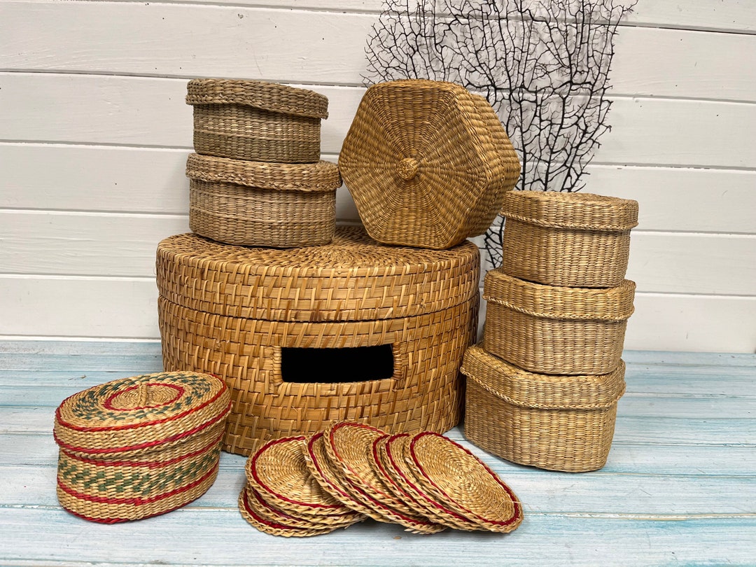 Woven Rattan Seagrass Basket Set With Lids and Coasters, Boho Decor - Etsy