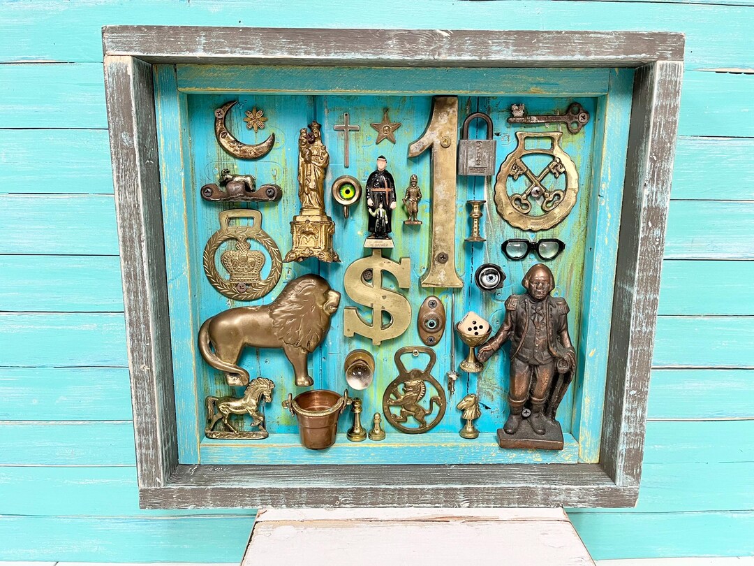 Vintage Brass Oddities Shadow Box: Distressed Turquoise Curiosity ...