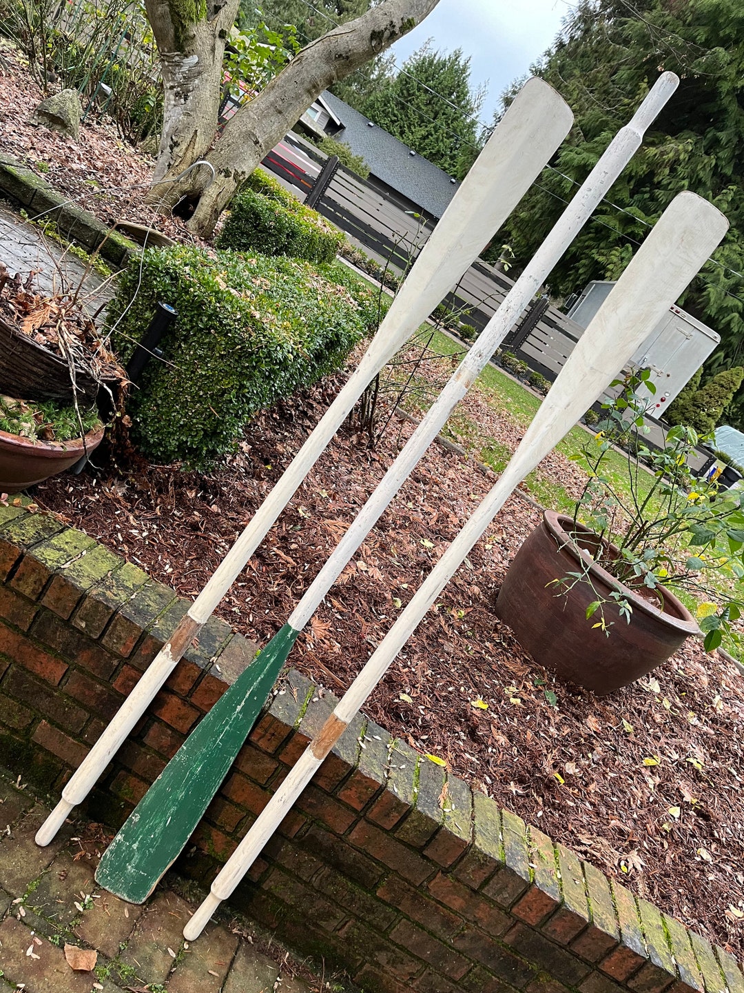 Three Vintage Distressed White and Green Oars Paddles for Wall Decor ...