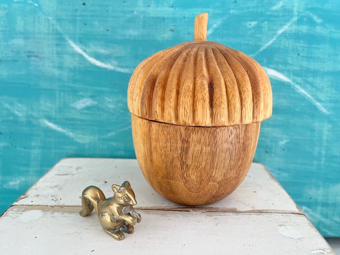 Carved Wood Acorn Trinket Box With Brass Squirrel: Country Home Decor ...