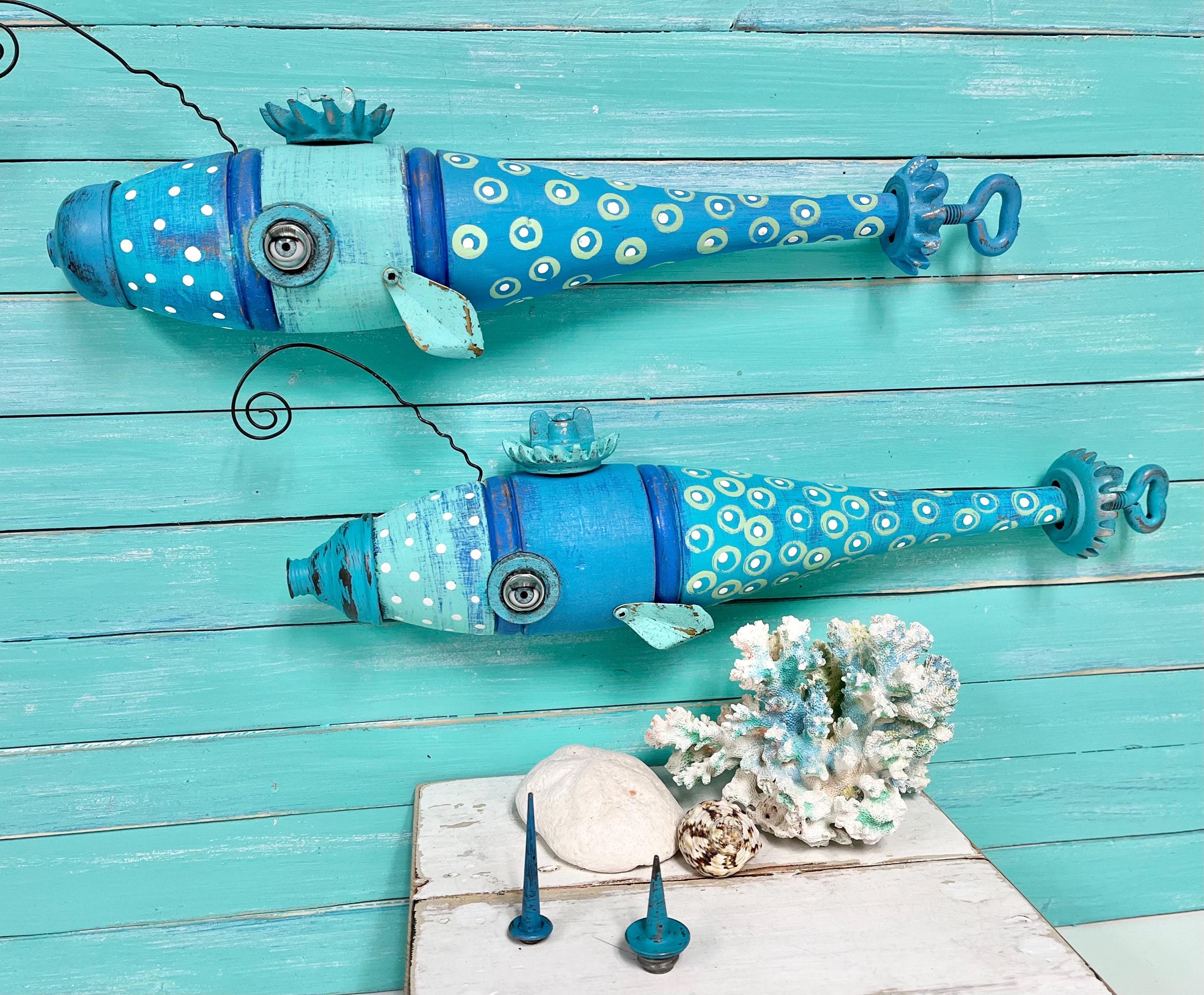 Wooden Juggler Club Fish Art Sculpture: Turquoise Beach House Wall Art ...