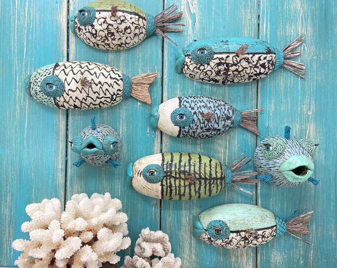 Carved Wood Fish Art, Wooden Net Float Fish Sculpture, Painted Wood ...