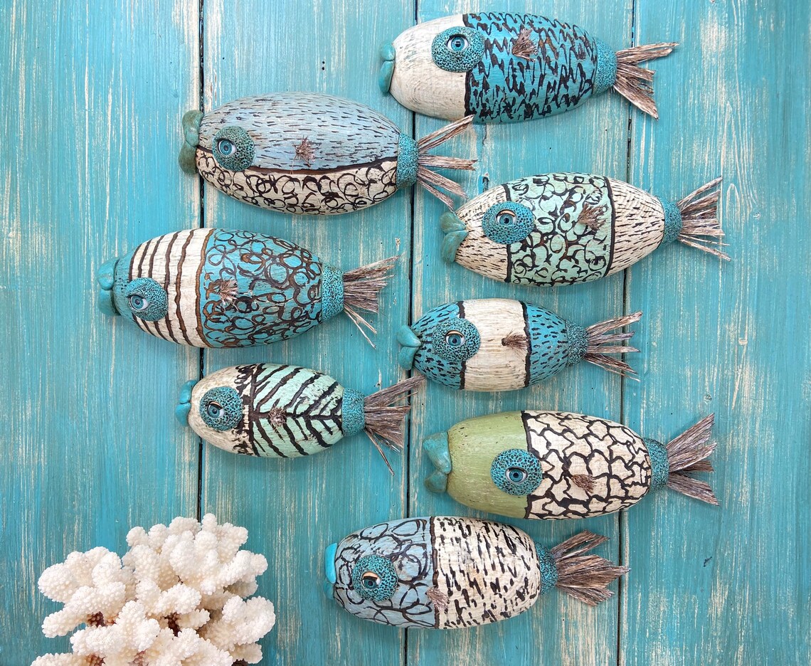 Carved Wood Fish Art Wooden Net Float Fish Sculpture Painted | Etsy