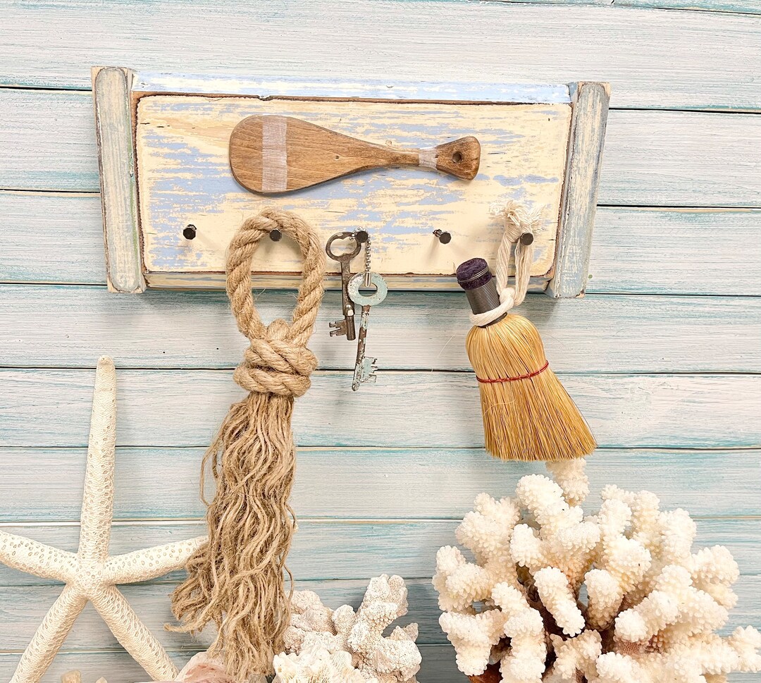 Rustic Door Wood Key Rack, Chippy Paint Hook Rack With Little Paddle ...