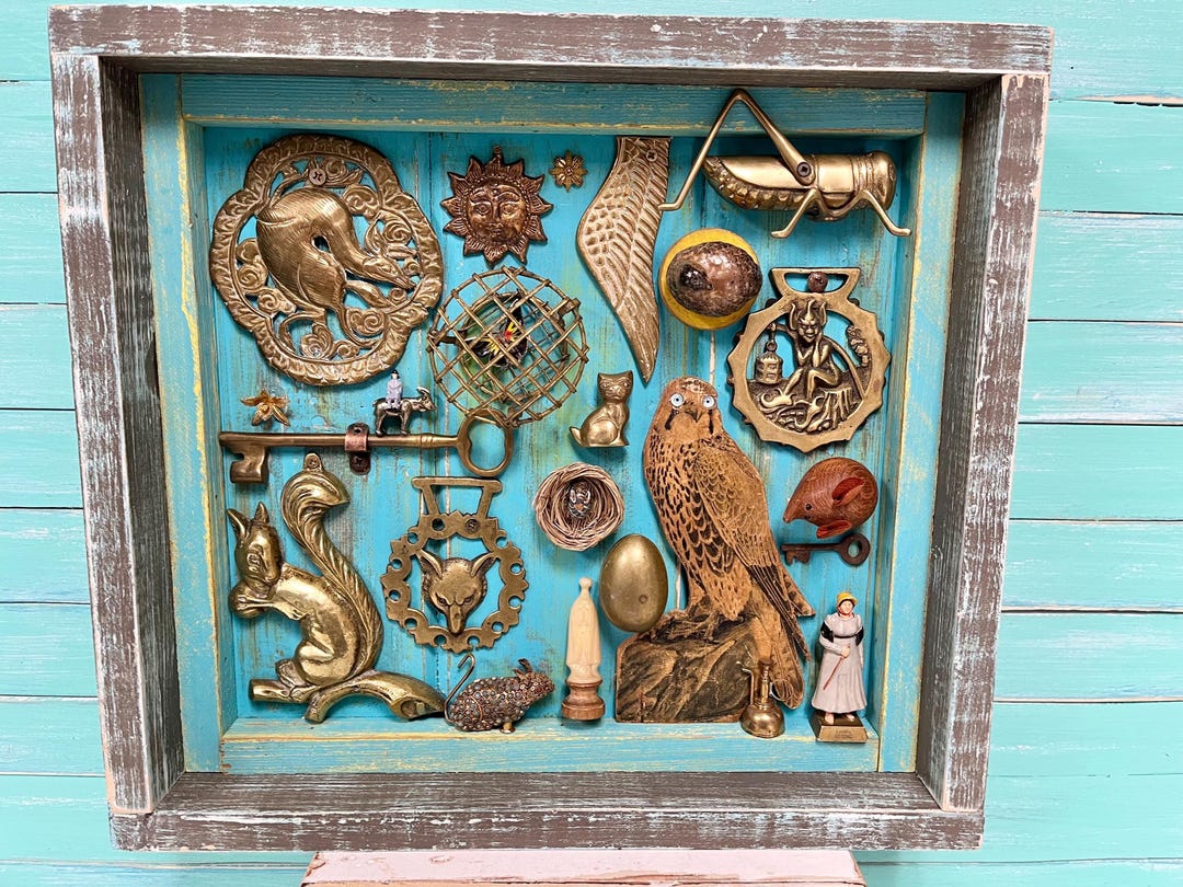 Vintage Brass Garden Oddities Shadow Box Art: Distressed Turquoise ...