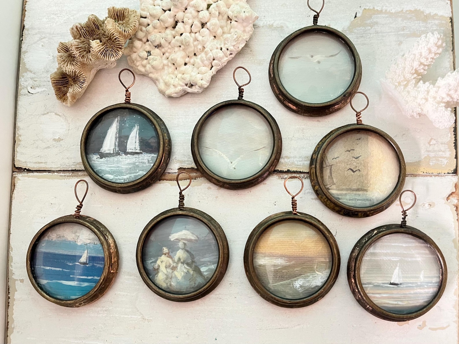 Mini Coastal Painting: Sailboats & Beach House in Porthole Frame by ...