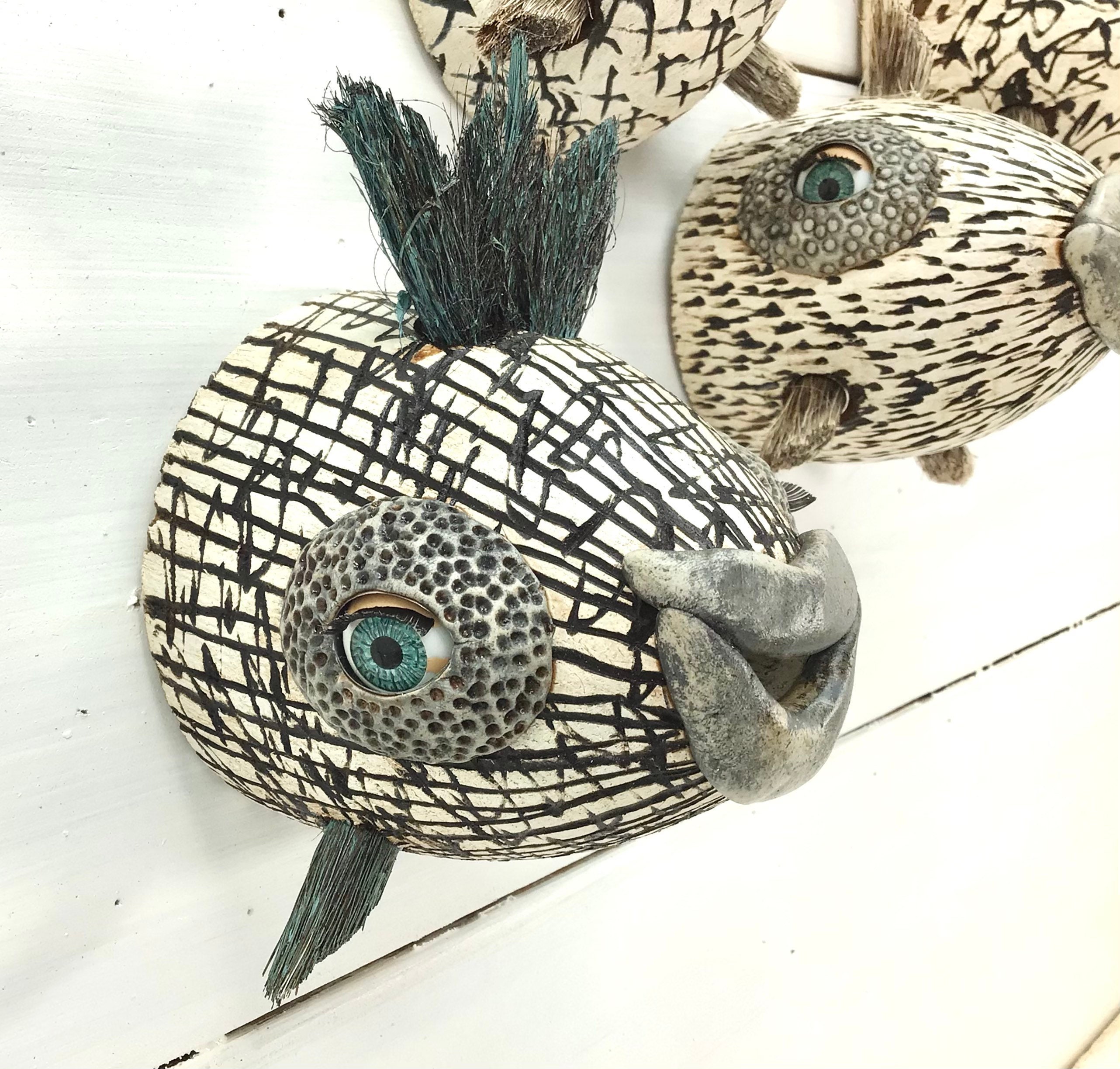 White Wood Fish Head Art Wooden Net Float Fish Sculpture | Etsy