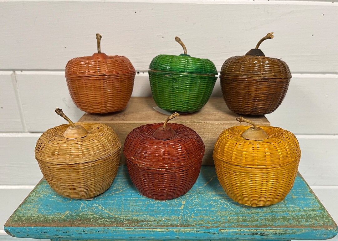 Woven Apple Shaped Baskets With Lids, Set of 6, Thanksgiving Gift, Fall ...
