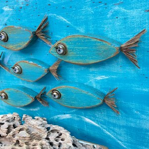 Wood School of Minnow Fish in Layered Turquoise Colours, Wooden Fish ...