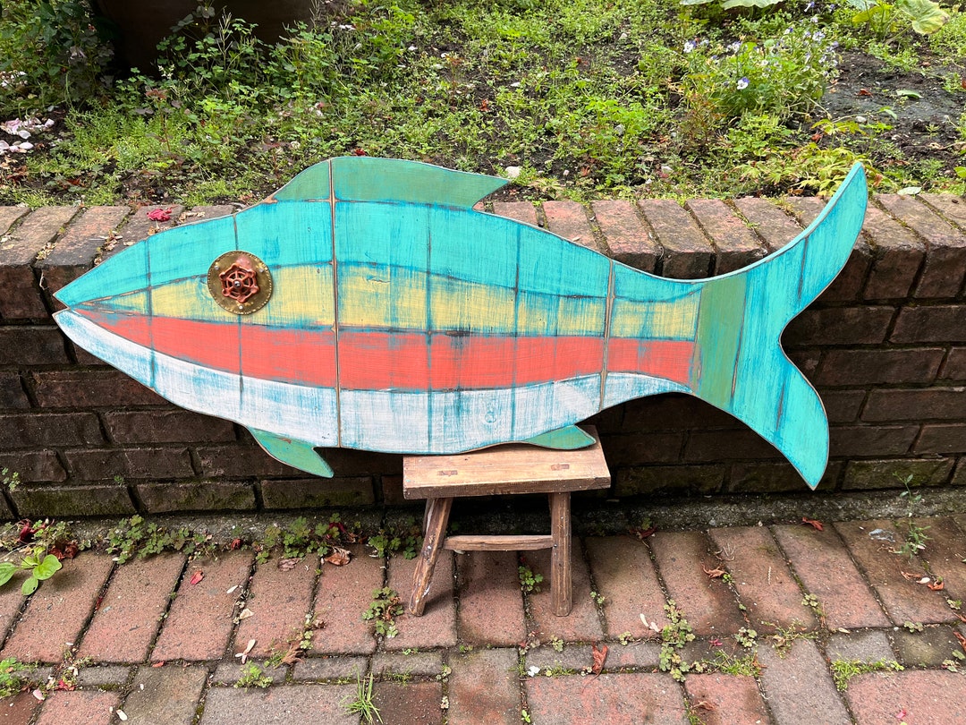 Large Wooden Fish Sign, Painted Fish Art, Big Painted Wood Fish, Beach ...