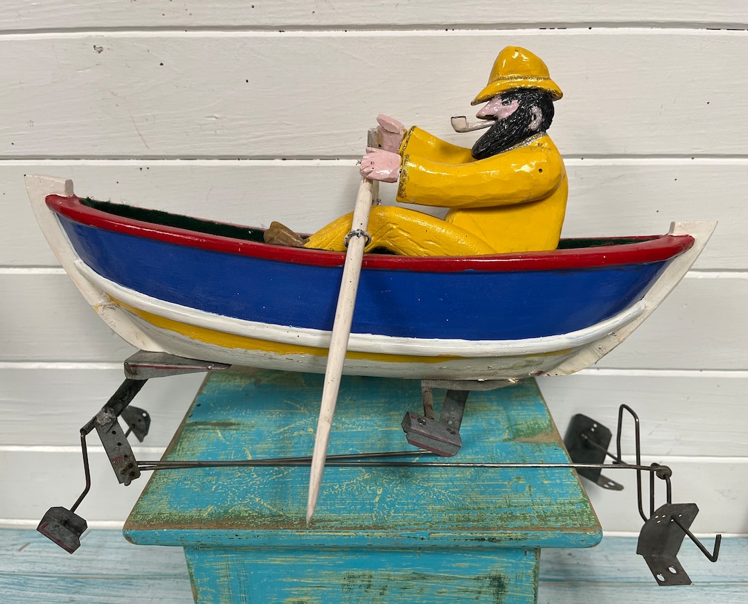 Vintage Automaton of A Carved Man in A Rowboat Project, Primitive ...