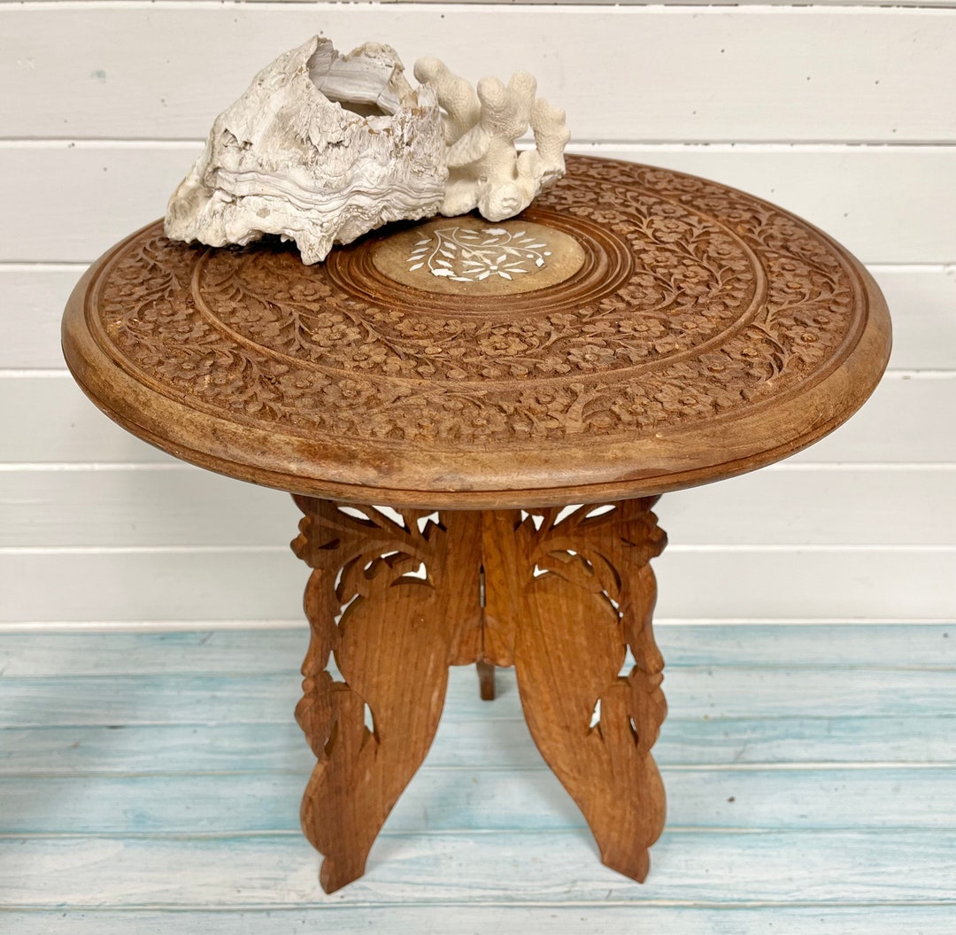 Vintage Carved Wooden Table, Round Moroccan Plant Stand With Folding ...