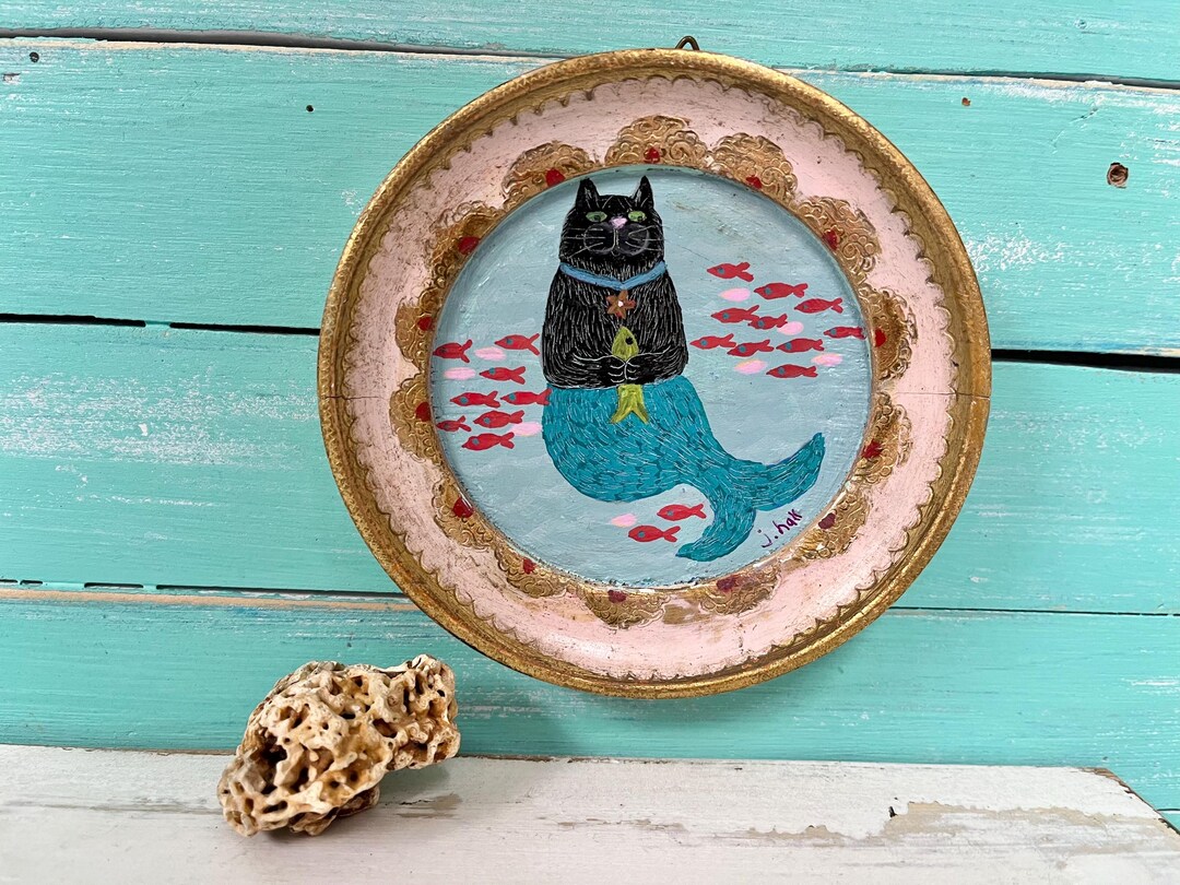 Original Mermaid Cat Painting in A Vintage Round Florentine Frame ...