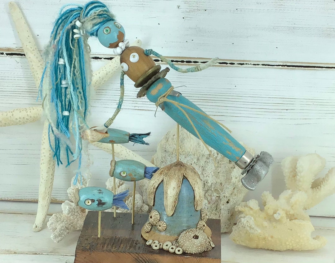 Turquoise Mermaid Assemblage Art Sculpture, Mermaid Figure, Siren of ...