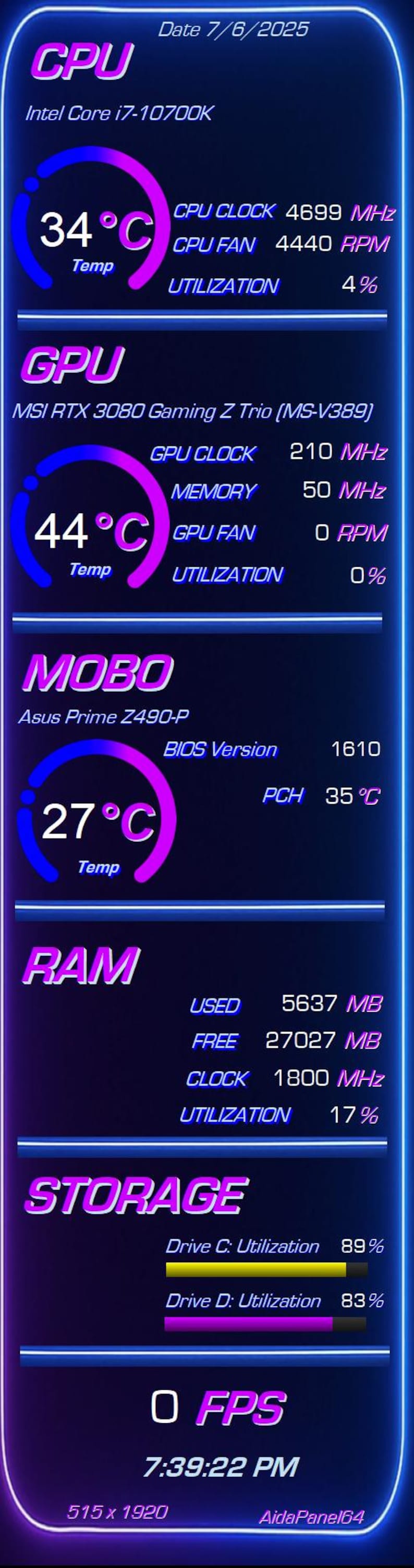 AIDA64 Sensor Panel Neon | PC Monitoring Screen | Cpu Gpu Temp FPS ...