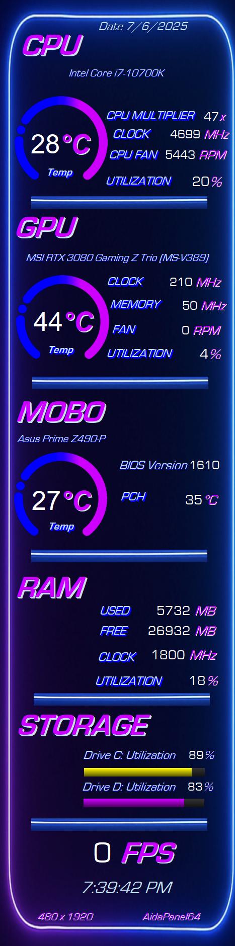AIDA64 Sensor Panel Neon | PC Monitoring Screen | Cpu Gpu Temp FPS ...