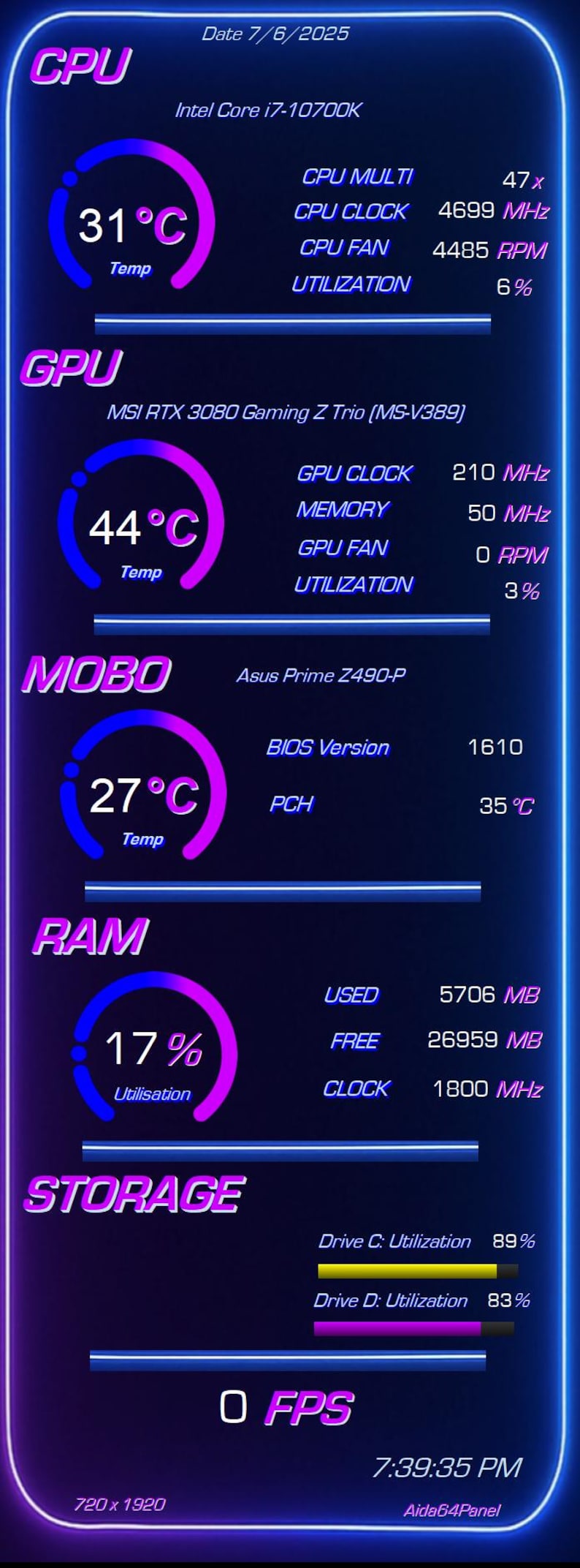 AIDA64 Sensor Panel Neon | PC Monitoring Screen | Cpu Gpu Temp FPS ...