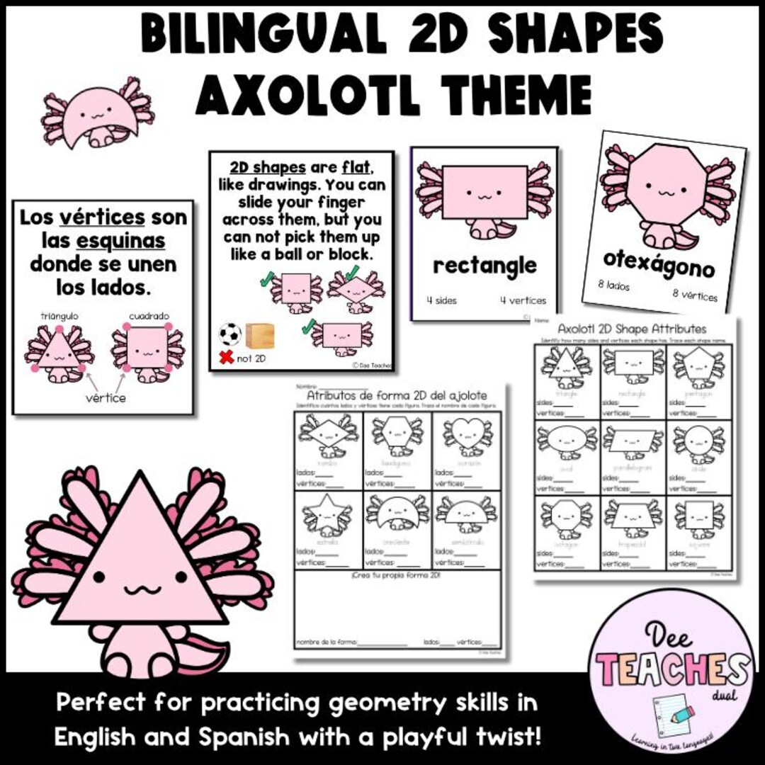 Bilingual 2D Shapes Cards – Axolotl Theme | English & Spanish Anchor ...