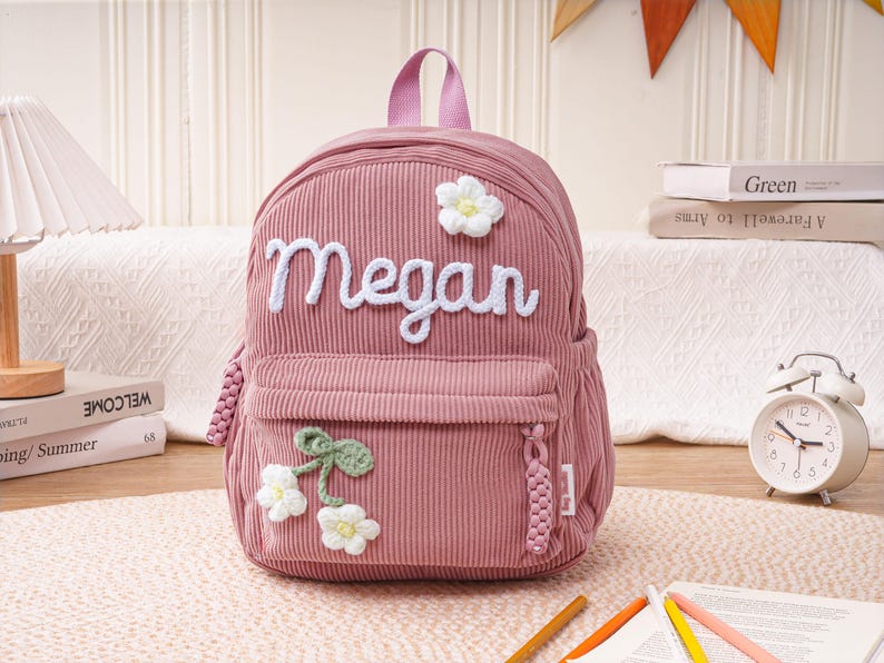 Custom Corduroy Kids Backpack, Personalized Crochet Name Toddler Book ...