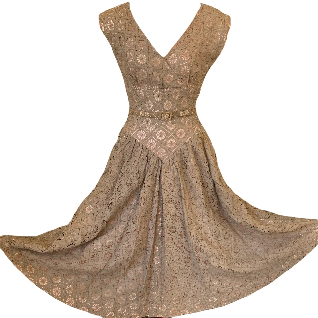 1950s Spider Web Lace Party Prom Dress Rhinestone Pink Tan Overlay XS ...