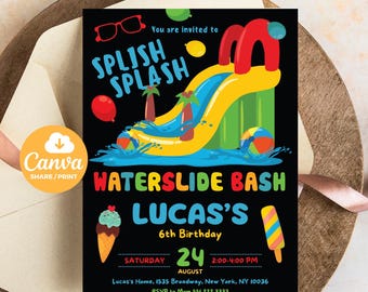 Editable Waterslide Birthday Invitation - Summer Pool Party - Splash ...