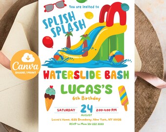 Editable Waterslide Birthday Invitation - Summer Pool Party - Splash ...