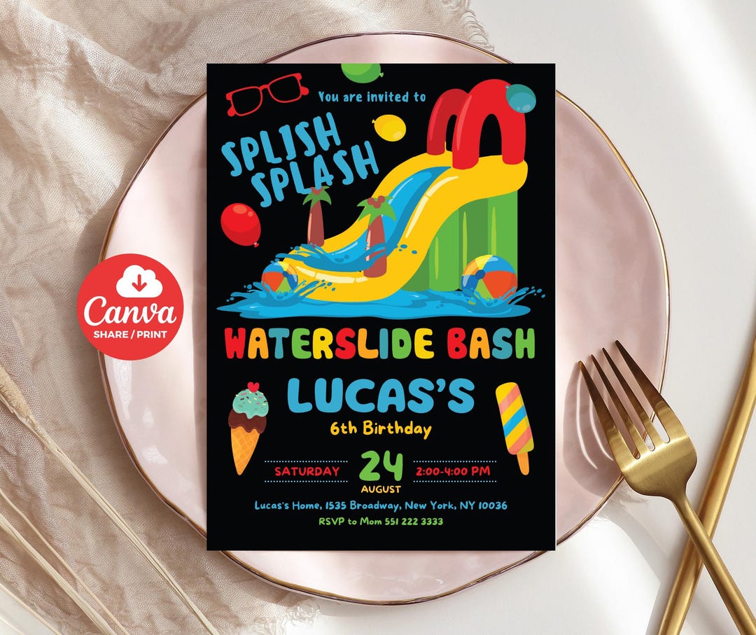 Editable Waterslide Birthday Invitation - Summer Pool Party - Splash ...